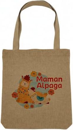 Fabulous Sac Shopping Tote Bag Aspect Lin - Maman Alpaga et son B&eacute;b&eacute; Dessin Illustration - Sac de Courses Toile Epaisse 360g Beige Naturel Cabas Port&eacute; Epaule S