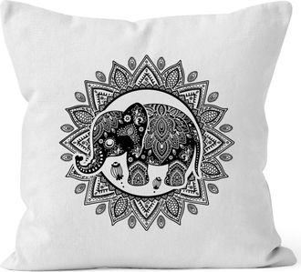 Autiga Kissenbezug Elefant Mandala Boho Bohamian Ethno Tribal Ornament Kissen-H&uuml;lle Deko-Kissen wei&szlig; Unisize