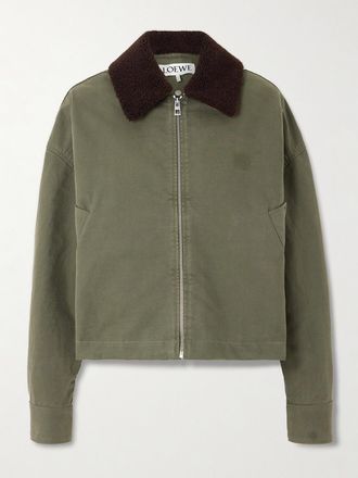 Loewe Jacke Aus Baumwoll-drillich Mit Shearling-besatz - Grün