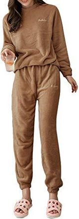 Minetom Femme Pyjama Ensemble Hiver Manche Longue Chaud Doux Toison Polaire Vêtements de Nuit Intérieur Deux Pièces Tops et Pantalon A Marron 36