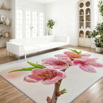 Generic Tapis de Salon Chambre Salle &agrave; Manger Adulte Bureau Design Plantes Fleurs De P&ecirc;cher Poil Court Fin Doux L&eacute;ger R&eacute;sistant 120 x 180 cm, Rose