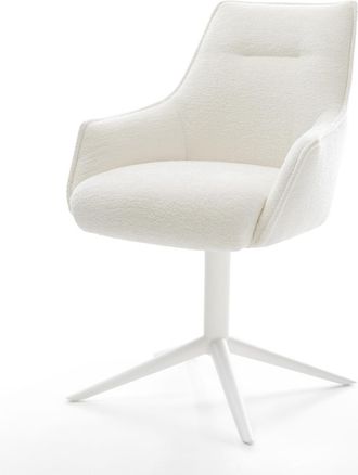 DELIFE Drehstuhl Alja-Flex mit Armlehnen Boucl&eacute; Soft Beige Fu&szlig;kreuz Wei&szlig; 360&deg; drehbar Wippfunktion Taschenfederkern, Esszimmerst&uuml;hle