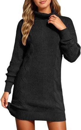 Generic Robe amincissante en tricot &agrave; manches longues et col roul&eacute; - Coupe ajust&eacute;e - Pull mi-long pour lautomne et lhiver, Noir, XXL