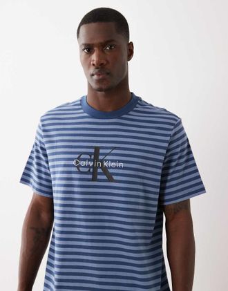 Calvin Klein Jeans T-Shirt in Jeansblau mit Monologo und zweifarbigen Streifen