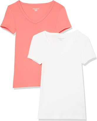 Amazon Essentials Damen Kurzärmeliges T-Shirt mit V-Ausschnitt, Schmale Passform, 2er-Pack, Weiß/Intensive Rosa, XXL