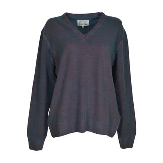 Maison Margiela V-Ausschnitt-Pullover aus Schurwolle - - Knitwear - Damen - Blau - L