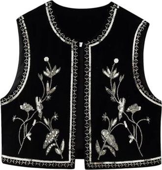 Generico YOSUWOAI Y2k Gilet &agrave; fleurs brod&eacute; vintage pour femme - Sans manches - Style ethnique - Style r&eacute;tro - Classique - Printemps et automne - &Eacute;l&eacute;gant - Vest
