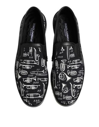 Dolce & Gabbana Black Slip On Printed Men Loafers Shoes Cotton Leather