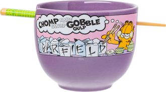 Silver Buffalo Garfield Eating Takeout Keramik-Ramen-Nudel-Reisschale mit Essst&auml;bchen, mikrowellengeeignet, 590 ml