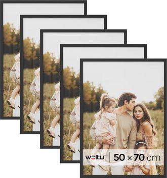 Woltu Bilderrahmen 50x70 cm | Schwarzer MDF Holz Fotorahmen mit Passepartout | 5er Set Holzrahmen mit bruchsicherem Acrylglas | Rahmen zum Aufhängen & Aufst