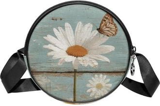 Generic Petit sac &agrave; bandouli&egrave;re rond pour femme, marguerites, papillons, peinture, sac &agrave; dos avec fermeture &eacute;clair, bretelles r&eacute;glables, sac &agrave; main rond d&eacute;con