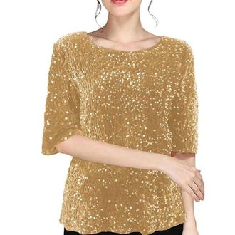 Generic Top &agrave; paillettes pour femme - Haut &agrave; paillettes - Uni - Ouvert sur le devant - L&eacute;ger - Manches longues - D&eacute;contract&eacute; - Col rond - Paillettes - T-shirt