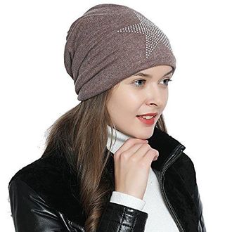 DonDon Bonnet Femme Hiver Slouch Beanie doubl&eacute; avec Impression &eacute;toiles - Marron