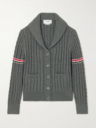 Thom Browne Cardigan Aus Wolle In Zopfstrick Mit Streifen - Grau