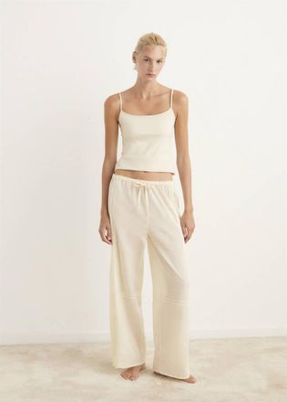 Mango Pantalon de pyjama en coton avec dentelle plis nervur&eacute;s vanille - Femme - S - MANGO