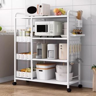 Generic K&uuml;chenablage mit Verstellbaren B&ouml;den, Mobiler Mikrowellenregal mit DIY-Stecktafel, Metall-B&auml;ckerregal mit Ausziehbarem Gitterkorb for Wohnzimmer, Lage