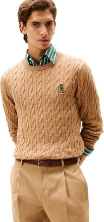 Tommy Hilfiger Herren Crest Cable Knit Crewneck Sweater Lightweight Pullover, Safari Canvas Heather, Mittel