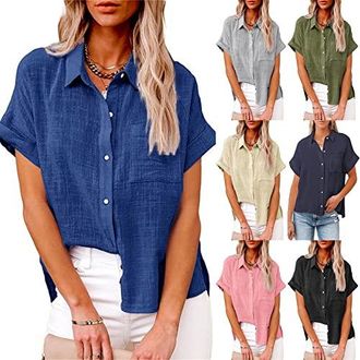 Generic Chemises en coton et lin pour femme - Chemise &agrave; manches courtes - Chemisier d&eacute;contract&eacute; boutonn&eacute; &agrave; col en V - Coupe ample - Tunique basique pour femme