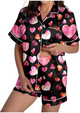 Generic Ensemble de pyjama &agrave; manches courtes avec col en V imprim&eacute; et poche boutonn&eacute;e pour la Saint-Valentin 2026 (2), Noir, XXL