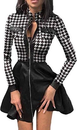 ORANDESIGNE Robe en Cuir &agrave; Empi&egrave;cements en Dentelle Femme Cuir PU Robe Courte de Club Soir&eacute;e Sexy Zipp&eacute; Avant D&eacute;collet&eacute; Mini Dress Pied de Poule 2XL