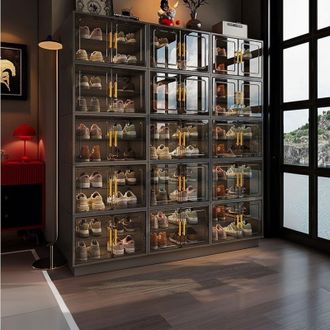 Generic Staubdichter Stapelbarer Schuhschrank, Transparente Schuhboxen mit Magnettüren, Leichter Plastikorganizer (Schwarz)(3Columns x 10Tiers)