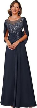 Generic Robes de mère de mariée en mousseline de soie, robes longues en mousseline de soie à manches cape en dentelle robes de soirée, bleu marine, 46