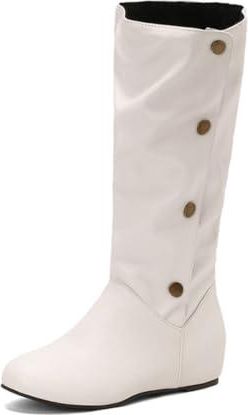 Generic Bottes Femmes Hautes Au Genou avec Accents Boutons Latéraux Talons Compensés Cachés Bout Rond Doublure Douce Bottes Casual Quotidiennes De Mode,Blanc,