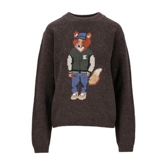 Maison Kitsun&eacute; Pull en laine &agrave; motif Dressed Fox Intarsia - Femme - Pulls - Brun - Taille: 38 FR