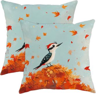 Generic Niedlicher Herbstspechtvogel Kissenbez&uuml;ge Atmungsaktiv Kissenbezug Dekorative Dekokissen F&uuml;r Bett Balkon Heimdekoration 45X45Cm 2Er Set