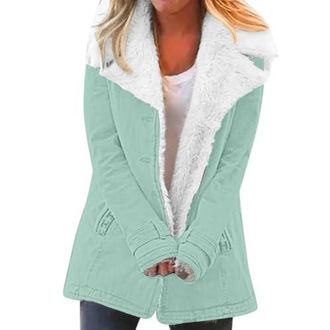Generic Veste chaude doublée en peluche pour femme, grande taille, manteau dhiver coupe-vent en fausse fourrure, boutons, vert clair, XXL