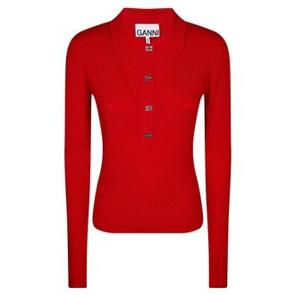 Ganni Mini Rippstrick-Merino-Poloshirt - - Tops - Damen - Rot - L