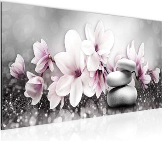 Runa Art Wandbild Blumen Magnolien 1 Teilig 100 x 40 cm Modern Bild auf Vlies Leinwand Abstrakt Wohnzimmer Grau Rosa 035412a