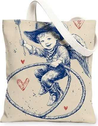 Generic Sac fourre-tout vintage en toile motif cowboy rustique l&eacute;ger lavable r&eacute;utilisable pour voyage, plage, pique-nique, beige, 13x15 Inch