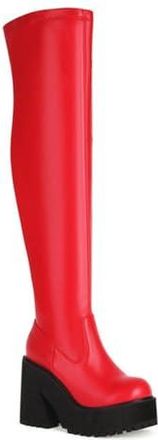 Generic Chaussures à bout rond pour femme avec talon épais et talon haut au-dessus du genou extensible avec fermeture éclair latérale, Rouge, 37.5 EU