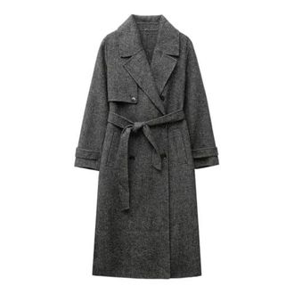 Generic Manteau long en laine mélangée à revers à double boutonnage avec ceinture pour femme, gris foncé, L