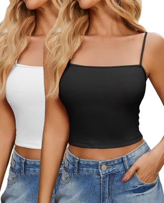 Ekouaer Damen 2er Pack Tank Top Sexy Crop Top Basic Stretch Unterhemd Ärmellose Camilose Verstellbare Spaghetti Trägertop Casual Slim Fit Oberteile Schwarz + 