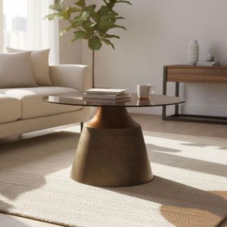 M&S Collection Table basse 70x70x41cm en verre brun et pied en m&eacute;tal bronze
