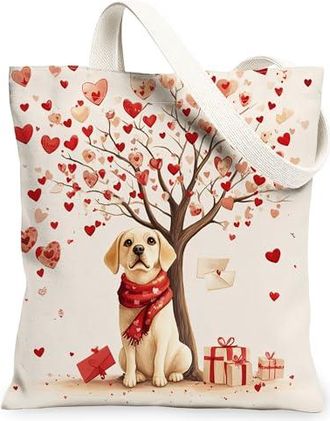Generic Sac fourre-tout r&eacute;utilisable en toile pour la Saint-Valentin avec motif chien de Pom&eacute;ranie 33 x 38 cm, motif coeur, arbre, chiot - Sac d&eacute;picerie r&eacute;uti