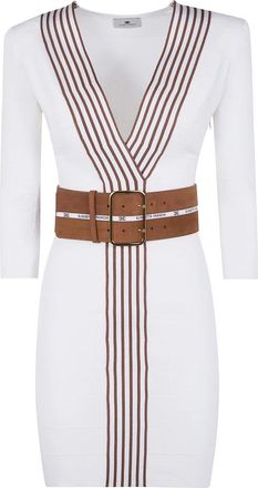 Elisabetta Franchi Femme, Robes, Blanc, Taille: 42 FR Striped Bands Ribbed Knit V-neck