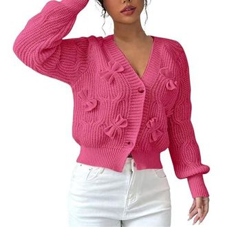Generic Cardigan dhiver court &agrave; manches longues en tricot d&eacute;contract&eacute; &eacute;l&eacute;gant pour femme, Rose rouge, XS