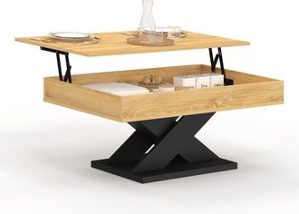 IDMarket Rechteckiger Couchtisch, klappbare Platte, Alicia, Holz und schwarzer Fuß