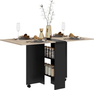HOMCOM Klappbarer Esstisch Klappbarer K&uuml;chentisch mit R&auml;dern Klappbare Fl&uuml;gel und Regale Klappbarer Tisch f&uuml;r 4-6 Personen 75x140x74 cm Natur & Schwarz