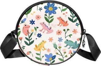 Generic Petit sac &agrave; bandouli&egrave;re rond pour femme, motif grenouilles florales, sac &agrave; dos avec fermeture &eacute;clair, bretelles r&eacute;glables, sac &agrave; main rond d&eacute;contract&eacute;