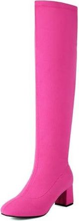 Generic Bottes dhiver en tricot extensible &agrave; bout rond et talon bloc pour femme, rose rouge, 40.5 EU