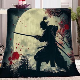Generic Decke Grau super weiche Decke mit Anti-Pilling Flanell 180 x 200 cm f&uuml;r Erwachsene Kinder 3D-Druck Japanischer Stil Samurai Moon f&uuml;r Teens Weiche Mikr