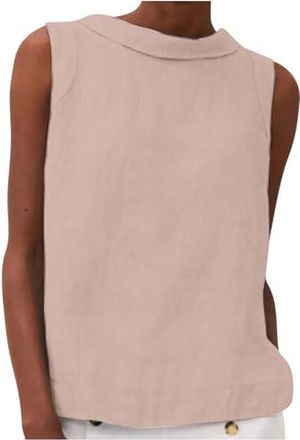 Generic D&eacute;bardeurs en coton et lin pour femme - Col haut - D&eacute;contract&eacute; - Sans manches - Camisole d&eacute;t&eacute; - Chemise basique de couleur unie - Haut court d&eacute;contrac