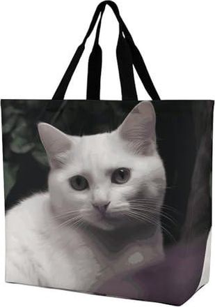 Generic Chat Blanc Sac Fourre-Tout Pliable Tote Bag Grand Sac A Main Femme Pour Shopping Plage Travail