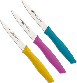 Arcos Serie Nova Schälmesser, Nitrum-Edelstahl, umweltfreundliche Verpackung, 3 Farben Fuchsia, Türkis und Gelb