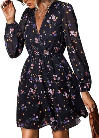 Cupshe Femmes Imprimé Floral Mousseline de Soie Ligne A Robe Manches Longues paysannes Taille élastique Mini-Robes