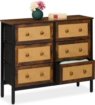 Relaxdays Kommode, 6 Schubladen, Rattan-Optik, Flur, Schlafzimmer, HBT: 83x100x32 cm, Sideboard, Metall, braun/schwarz